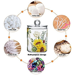 ALAZA Sunflower Butterfly Floral 4 Pack Qtip Holder Dispenser with Lid 14 Oz Clear Plastic Apothecary Jar Containers Jars Bathroom for Cotton Swab, Ball, Pads, Floss, Vanity Makeup Organizer