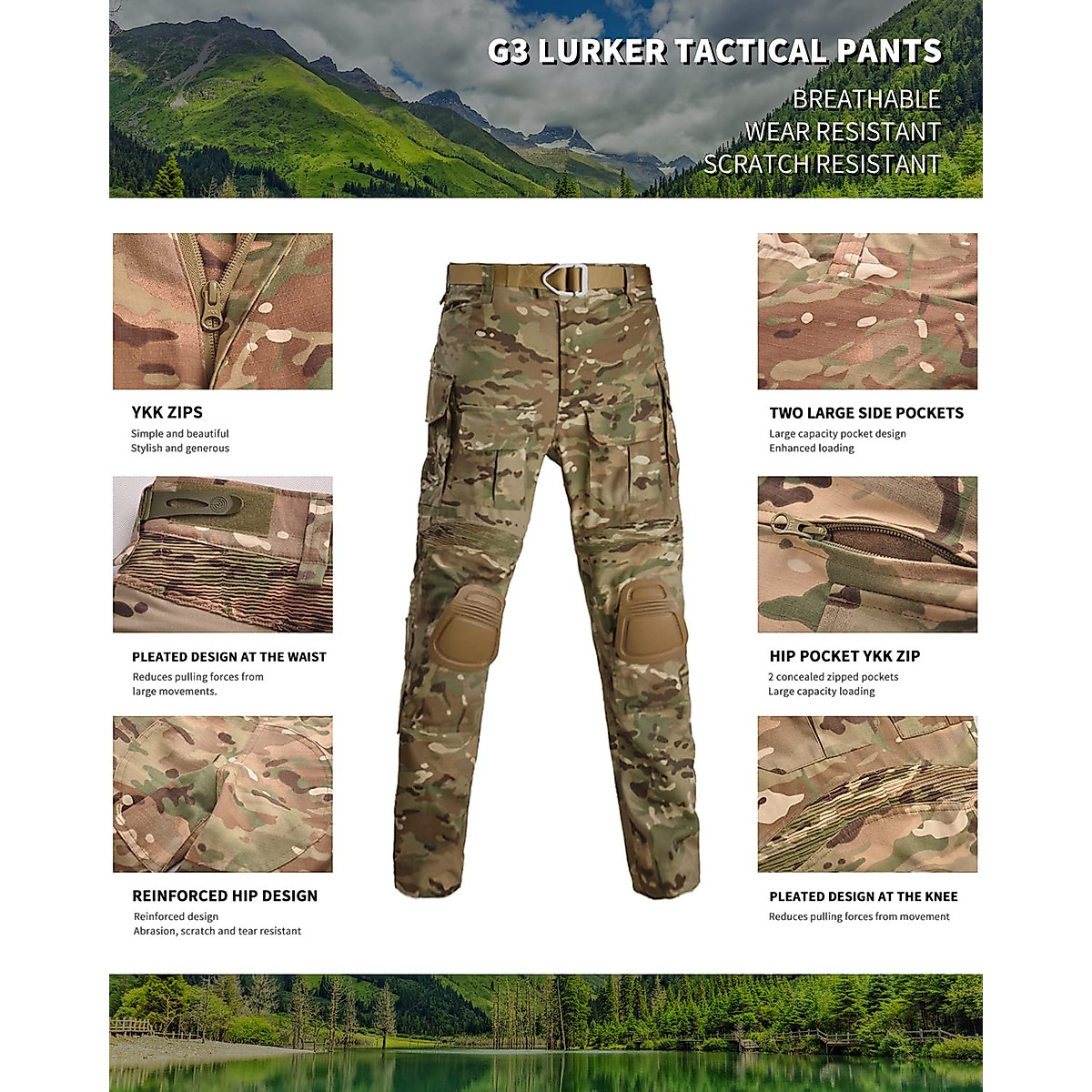 G3 Combat Pant with Knee Pads Tactical Pants Airsoft Multicam Camo Clothes Rip-Stop Paintball Hunting Trousers (Cp)