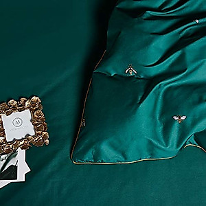 RoyalLinens 4 Piece Luxury Emerald Green Duvet Cover Set 100% Cotton 60S Sateen Bedding Sheets Percale Bedclothes with Bees Printed Bed Linen (Queen Size 4pcs)