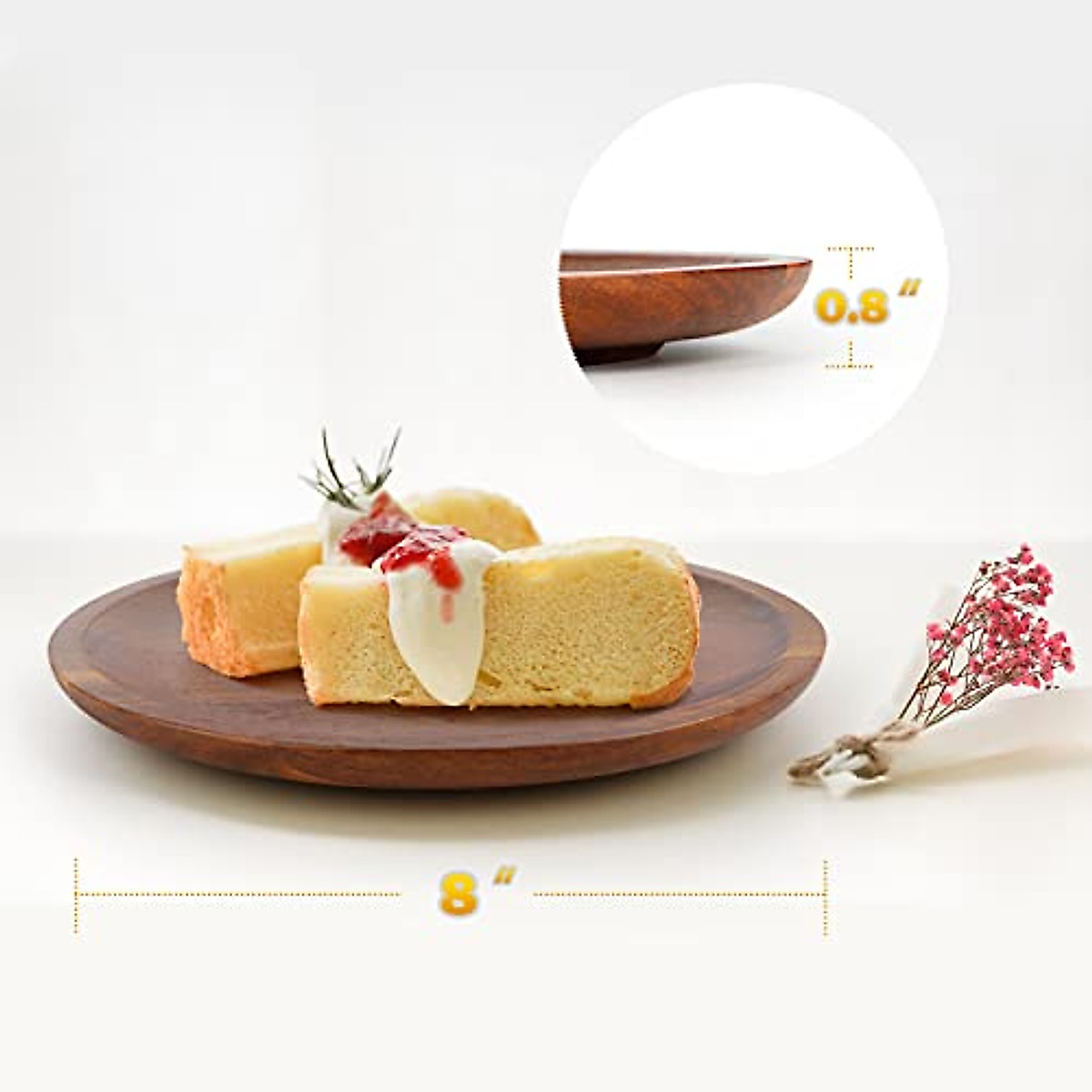 HOMEXCEL Acacia Wooden Plates Set of 4, 8 Inch Round Wood Dinner Plates, Easy Cleaning & Lightweight for Dishes Snack, Dessert, Salad Serving, Housewarming, Christmas Gift