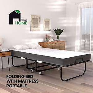 EconoHome Folding Bed with Mattress - 75x38 Twin Size Bed Frame - Portable Foldable Roll Away Adult Bed for Guest - 5-inch Thick, Memory Foam, Twin - Space Saving Fold Up Bed for Easy Storage