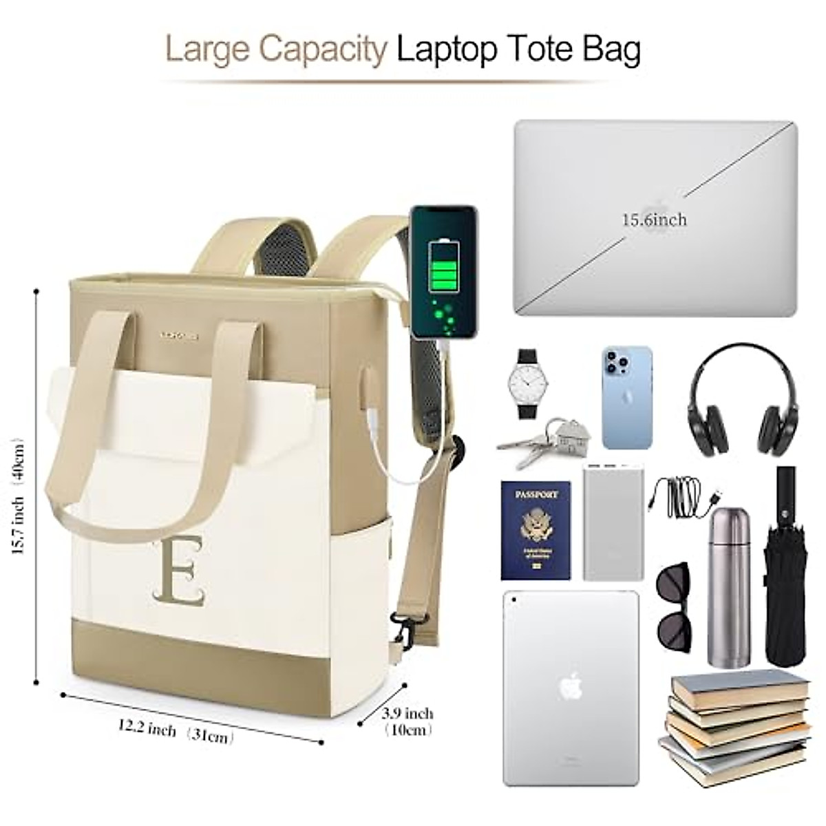 Personalized Initial Laptop Tote Bag Women-15.6" Backpack Purse with USB Port, 2023 Christmas Gift/Birthday Gifts for Women/Teen Girls/Coworker/Colleage, Waterproof Teacher Work Bag-Letter M