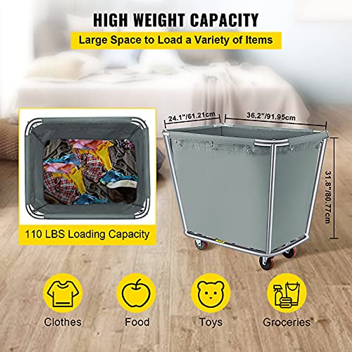 VEVOR Basket Truck, 10 Bushel Steel Canvas Laundry Basket, 3" Diameter Wheels Truck Cap Basket Canvas Laundry Cart Usually Used to Transport Clothes, Store Sundries Suitable for Hotel, Home, Hospital