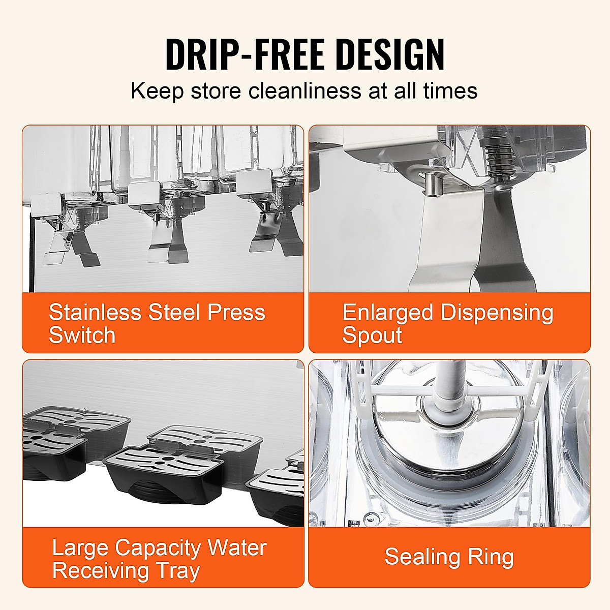 VEVOR Commercial Beverage Dispenser, 3 Tanks 18 L / 19 QT Per Tank Juice Dispenser, 512W Stainless Steel Ice Tea Drink Machine with 45°F-54°F Cooling Temperature, for Cold Drink Restaurant Bar Party