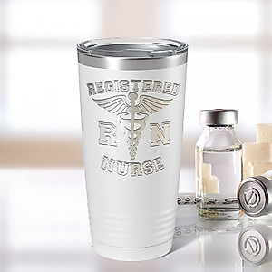 RN Registered Nurse Gift, Nursing School on White 20 oz Stainless Steel Tumbler with Lid - Insulated Cup - Travel Mug