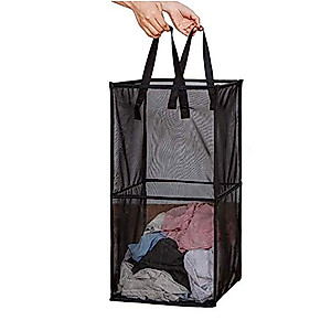 Mesh Popup Laundry Hamper with Handles, Portable & Durable Collapsible Dirty Clothes Mesh Basket Foldable for Washing Storage, Kids Room,College Dorm or Travel (Double -Layer, Black)