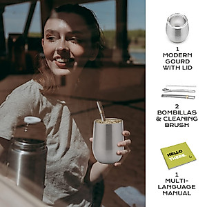 BALIBETOV 5 pcs large Yerba Mate Cup and Bombilla Kit, Includes one 12 oz Yerba Mate Gourd with Lid, Two Bombillas Mate Straw and one cleaning brush | Stainless steel | Double Walled