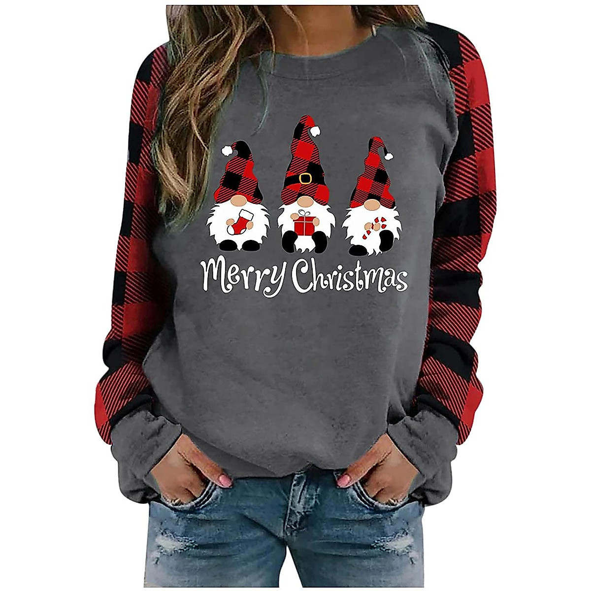 Lilychan Womens Merrry Christmas Thanksgiving Sweatshirts Xmas Plaid Tree Printed Shirts Long Sleeve Lightweight Pullover Shirts (Grey-C, X-Large)