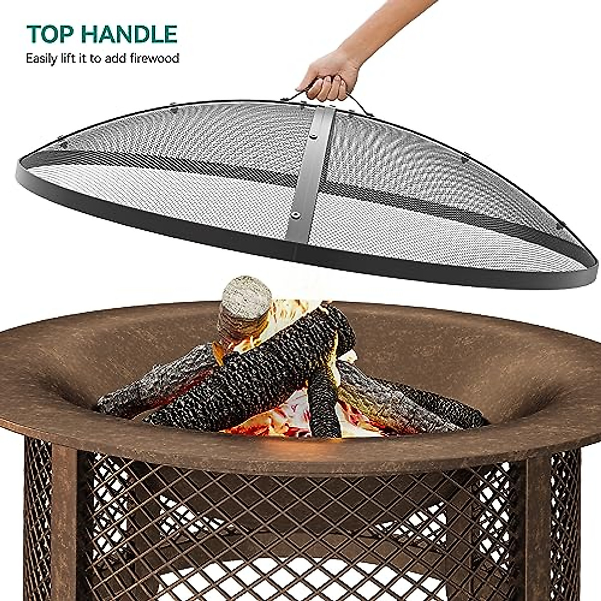 YITAHOME Heavy-Duty Fire Pit Spark Screen with Handle and Poker, Metal Fire Pit Cover for 36-Inch Round Outdoor Fire Pits