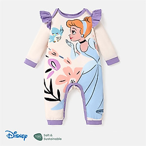 Disney Princess Rapunzel Ariel Belle Tiana Baby Girls Ruffle Long Sleeve Romper Newborn to Infant Apricot 0-3 Months