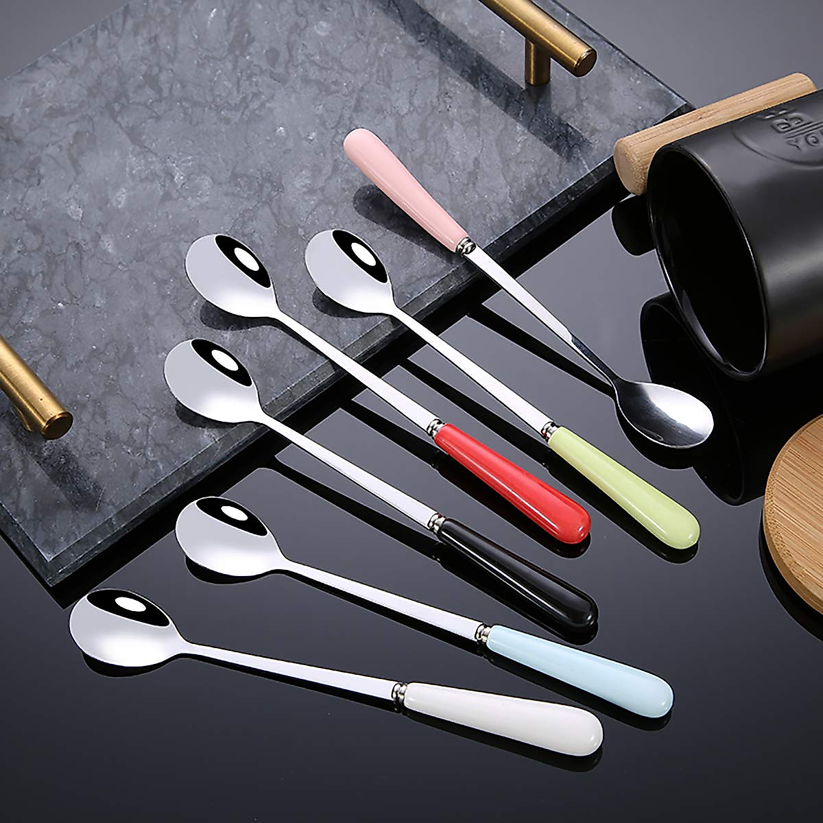 Goeielewe 3PCS Mixing Spoons for Coffee, Dessert, Ice Cream, Milkshake, Stainless Steel Iced Teaspoon with Ceramic Handle Tablespoons Espresso Cocktail Stirring Spoons, 6.8-Inch (White)