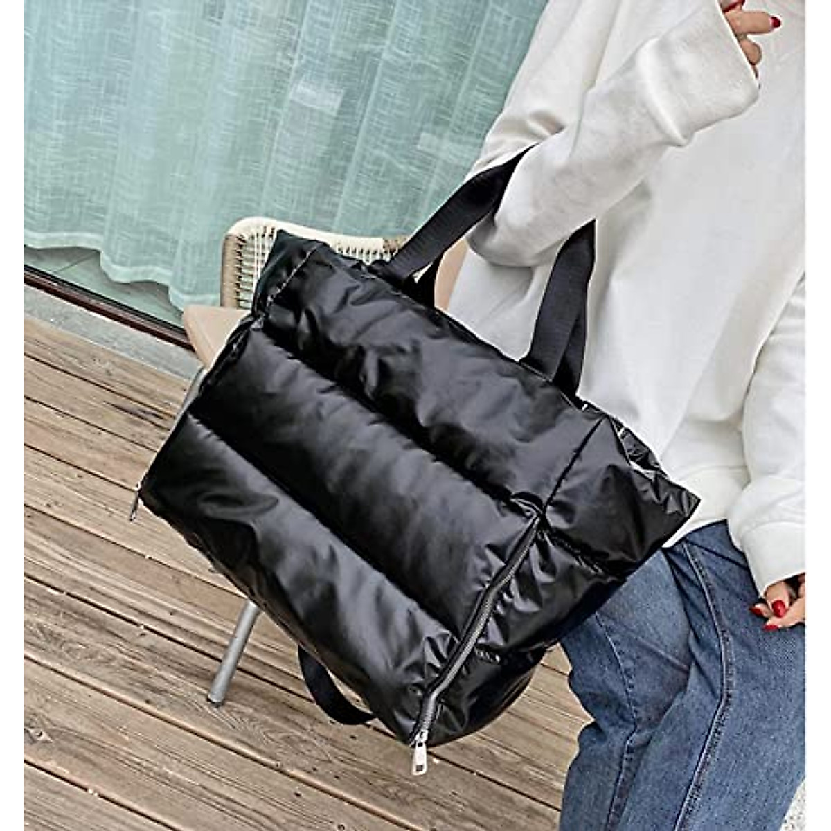 SGLTY Women Puffer Tote Bag,Winter Large Handbags, Designer Soft Puffer Shoulder Bag,Ladies Large Quilted Yoga Bag (Black)