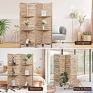Vicluke 4 Panels Room Divider with 3 Removable Storage Shelves, 5.6 FT Folding Privacy Screen, Wood Portable Wall Divider for Home, Office, Restaurant(Natural)