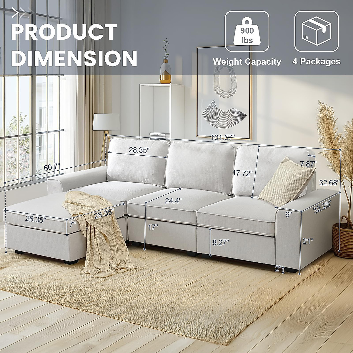 HALLYBEE 101" Modular Sectional Sofa Convertible L Shaped Couch with Storage Ottoman Linen White Couch with Chaise Comfy Sectional Couches for Living Room Apartment Office