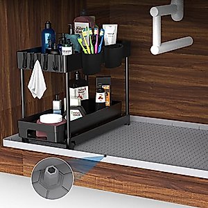 KOCWELL 2 Tier Under Sink Organizer and Under Sink Mat 34" x 22" Set, Sliding Under Bathroom Cabinet Storage Drawer Organizer with Hooks, Hanging Cup, Multi-purpose Under Sink Shelf Organizer