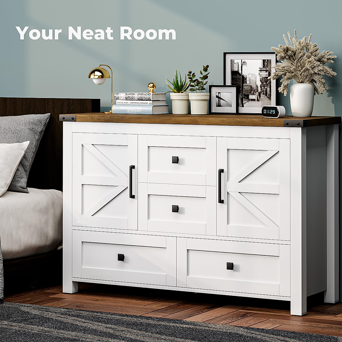 VVFLU Farmhouse White Dresser for Bedroom with 4 Drawers and 2 Barn Doors, White Wood Chest of Drawers 47 Inch Wide, Large, Long, Adjustable Shelves, 5 Legs, Living Dining Room, Entryway, Hallway