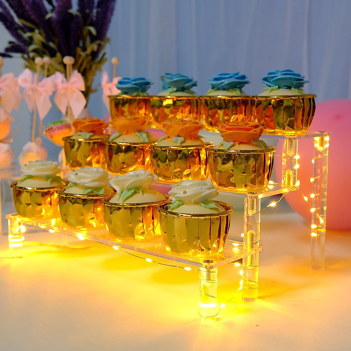 3 Tier Shelf Cake Pop Stand (Yellow) +5 Tier Premium Cupcake Holder – Acrylic Cupcake Tower Display – Cady Bar Party Décor – Acrylic Display for Pastry Weddings, Birthday (Colorful)