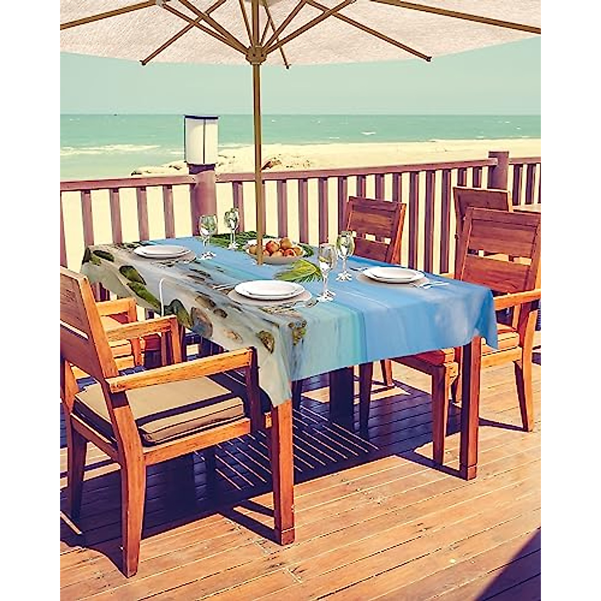 CyCoShower Outdoor Tablecloth Palm Tree Beach Sea Cloud Blue Sky Island Reef Stone Spillproof Outdoor Tablecloth with Umbrella Hole Zipper for Spring Summer Patio Table,52"x70"