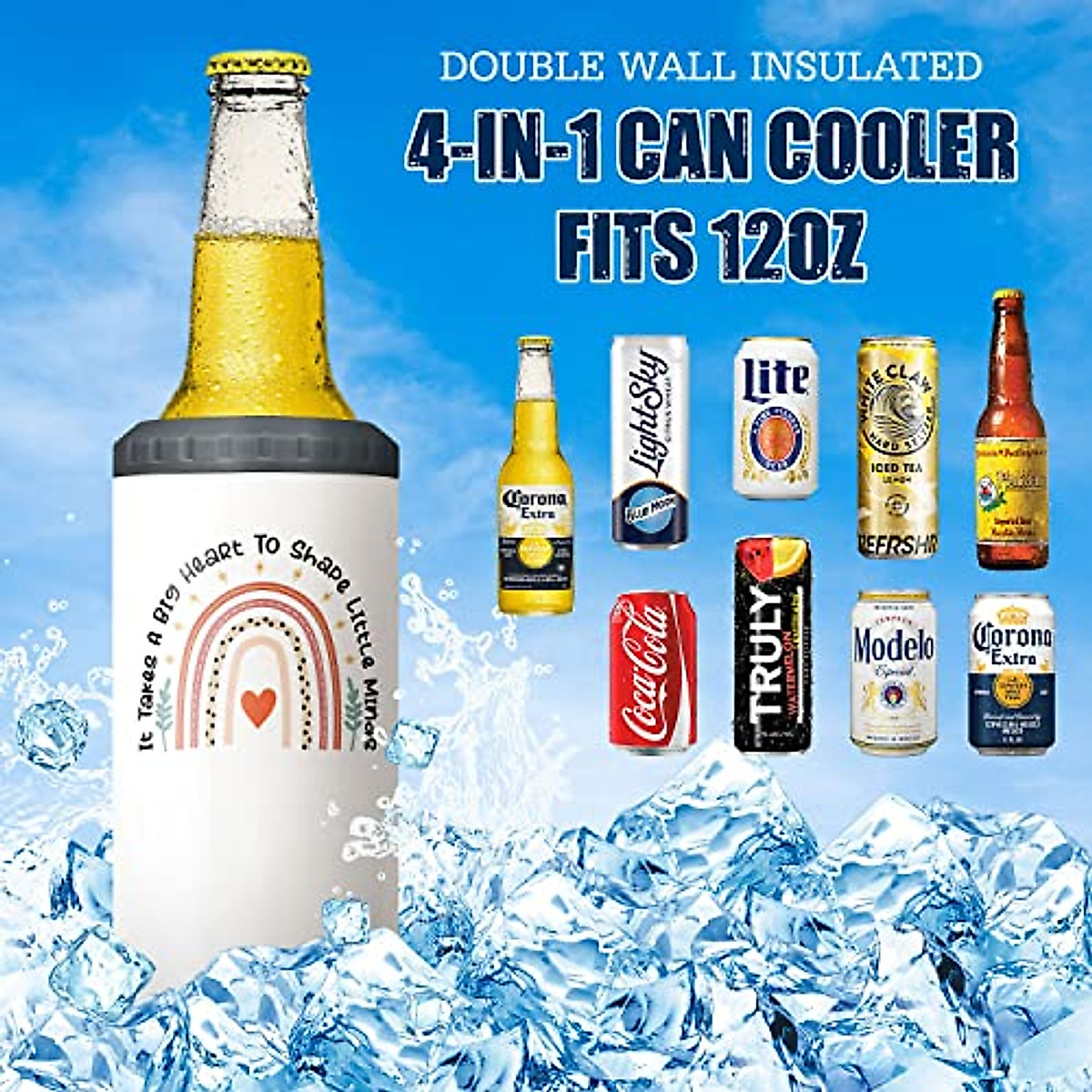 SANDJEST Teacher Tumbler - 4-in-1 Big Heart Shape Little Minds Tumbler Cup Can Cooler - 12oz Stainless Steel Insulated Cans Coozie Teachers Mug Birthday, Christmas, Appreciation, Teacher's Day Gifts