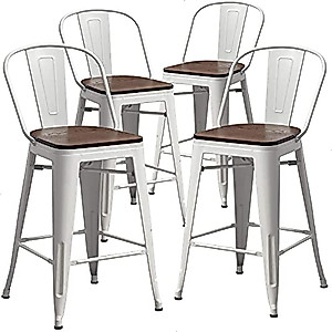Aklaus Metal Bar Stools Set of 4, 24 inch Counter Height Bar Stools with Backs, Farmhouse Style, Larger Seat, High Back Kitchen Dining Chairs, Cream White Stool