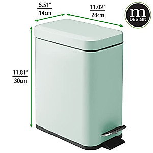 mDesign Small Modern 1.3 Gallon Rectangle Metal Lidded Step Trash Can, Compact Garbage Bin with Removable Liner Bucket and Handle for Bathroom, Kitchen, Craft Room, Office, Garage - Light Mint Green