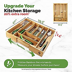 Pristine Bamboo Silverware Tray for Drawer Organizer - Kitchen Drawer Organizer - Cutlery Organizer - Silverware Organizer, Flatware Silverware Holder, Expandable Adjustable Wooden Dividers (8-Slots)