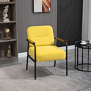 HOMCOM Modern Accent Chair with Cushioned Seat and Back, Upholstered Velvet Armchair for Bedroom, Living Room Chair with Arms and Steel Legs, Yellow