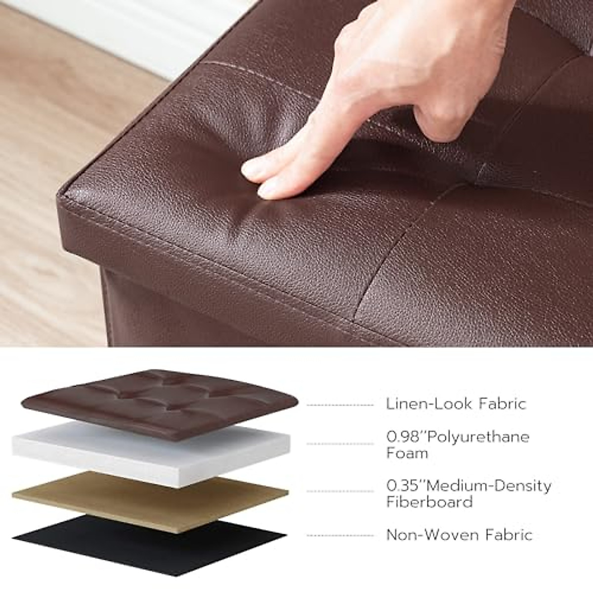 HOOBRO 43.3 Inchs Folding Storage Ottoman Bench, Storage Chest, Footrest, Coffee Table, Padded Seat, Upholstered Top, Holds up to 660 lb, for Living Room, Bedroom, Entryway, Brown BR110CW01