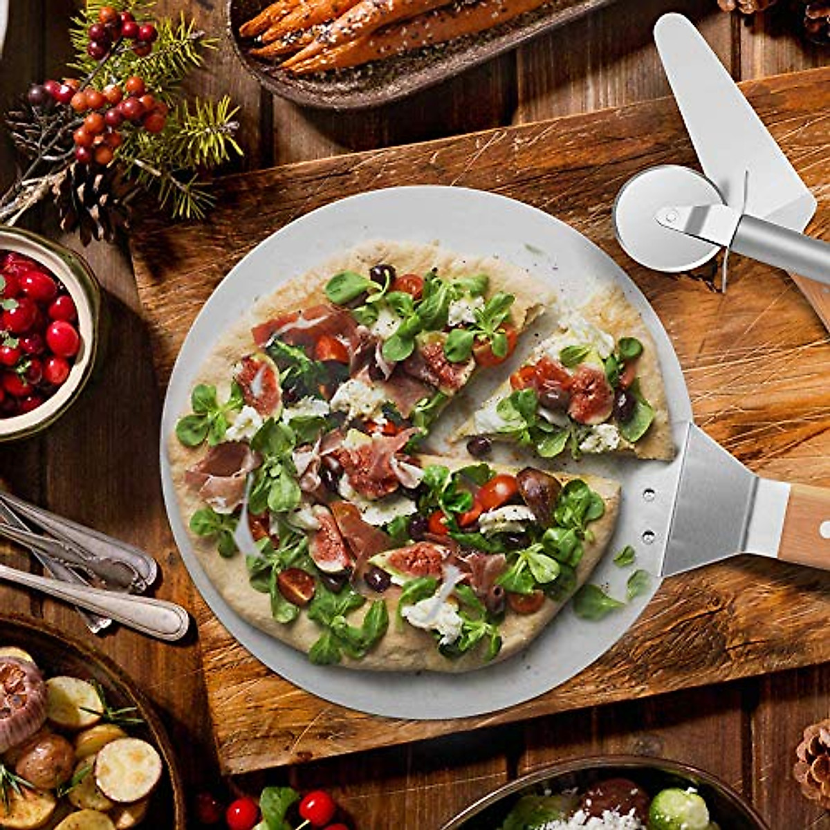 GUANGMING - Pizza Peel Round Stainless Steel, Perfect for Baking Homemade Pizza, Bread, Cakes, Biscuits, Wooden Handle Metal Shovel Spatula Peal for Baking Pizza and Cake,Silver