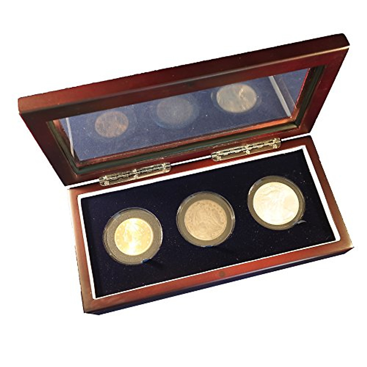 Wood Glass Top Display Box for 3 Extra Large or Air-Tite I Coin Capsules / 2" Challenge Coins