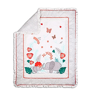 The Peanutshell Safari Love Baby Crib Bedding Set for Girls, 3-Piece Elephant, Coral, Grey and Green | 100% Cotton | Crib Comforter, Fitted Sheet, 3 Tier Crib Skirt Included