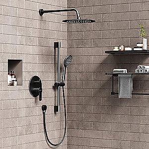 Gabrylly Shower System Black, Wall Mounted Slide Bar Shower Faucet Set Complete,High Pressure 10" Rain Shower Head with 5-Setting Handheld Shower,Shower Combo Set with Shower Valve