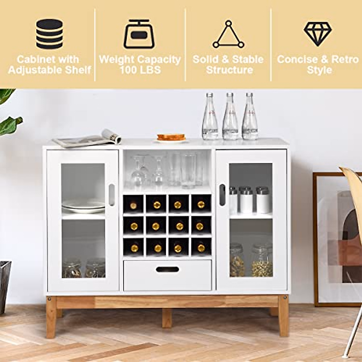 PETSITE White Sideboard Buffet Storage Cabinet with Removable Wine Rack, Glass Doors, Open Shelf & Drawer, Wood Accent Console Table for Living Room, Entryway