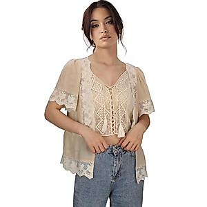 Adult Women Daisy Lace Bohemian Cardigan Summer Floral Fringe Ruffle Short Sleeve Kimono Crochet Sheer Shrug Crop Top (Beige, Medium)