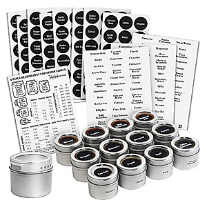Set of 12 Magnetic Spice Jars for Refrigerator, Seasoning Containers with Shaker Lids, 269 Preprinted Sticker Labels for 3oz Herb Tins