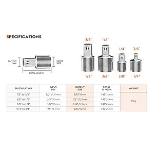 Impact Socket Adapter and Reducer Set 4-Piece for Impact Driver Ratchet Docket Extentsion Conversion Tool 1/4 to 3/8 x 3/8 to 1/4 x 3/8 to 1/2 x 1/2 to 3/8,Square Ratchet Socket Adapter,Cr-V(Silver)