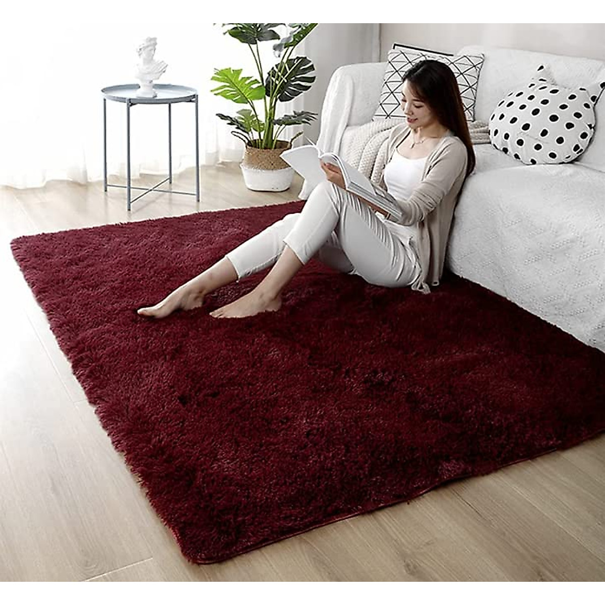 Shaggy 3.2' x 5.2' Area Rug Modern Indoor Plush Fluffy Rugs, Extra Soft Comfy Carpets, Cute Cozy Area Rugs for Bedroom Living Room Girls Boys Kids, Red Wine