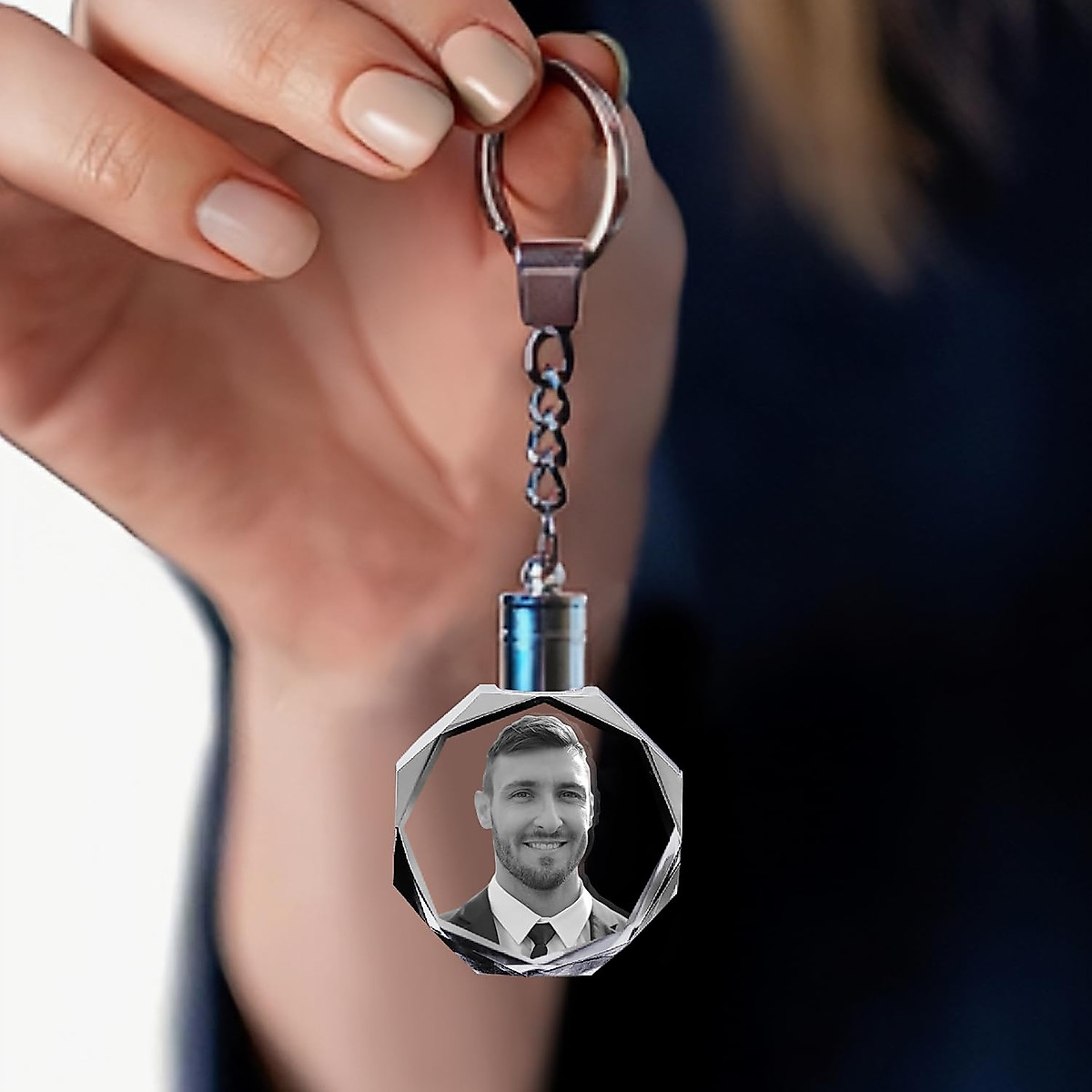 HAN'S LASER Customized Crystal Keychain, Personalized Picture Key Chain with LED Light, Best Custom Gift, Octagon