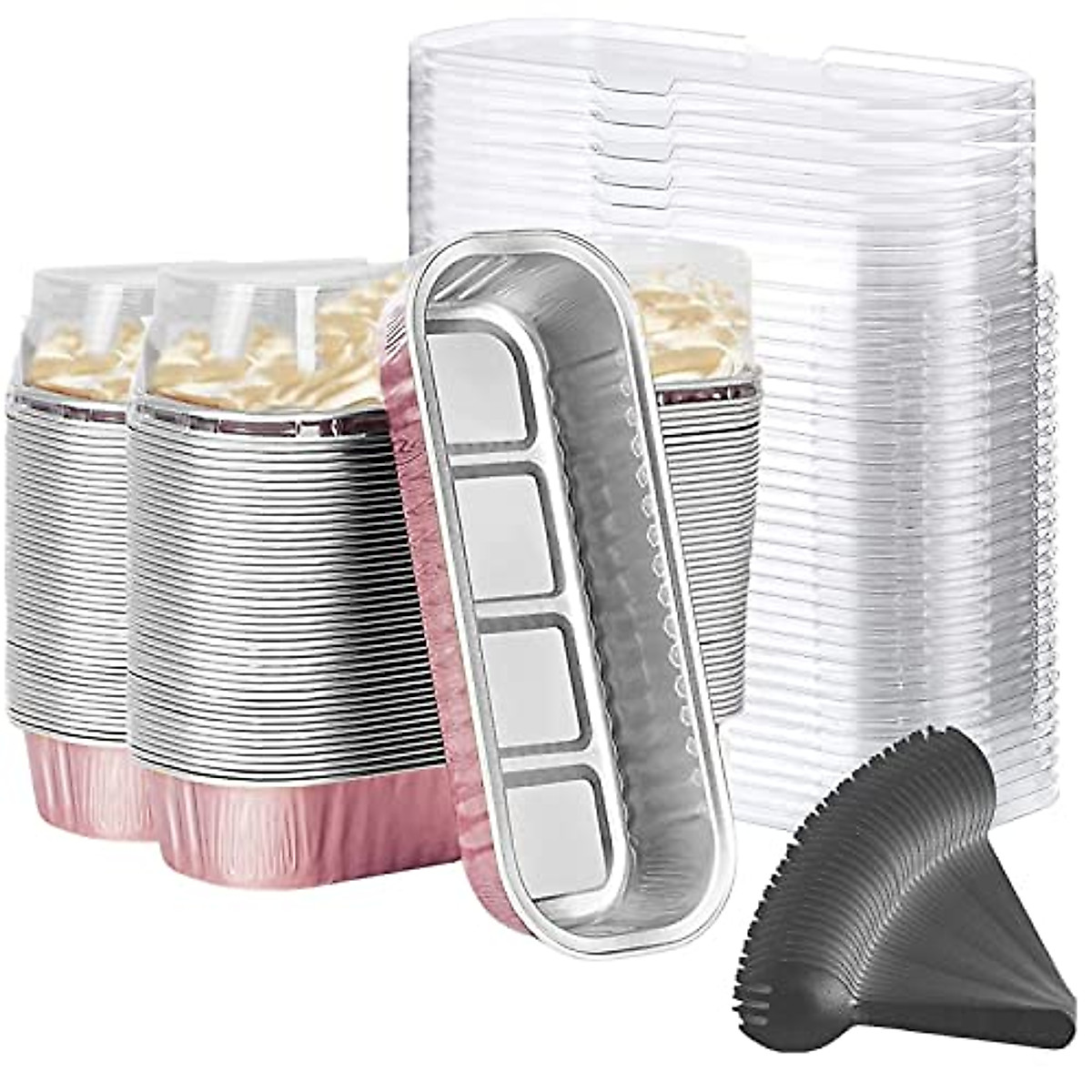Findful Mini Loaf Baking Pans with Lids And Spoons (100 Pack, 6.8oz) Rectangle Aluminum Foil Baking Pans Tins Containers - Cupcake Containers Wrappers Cheesecake Creme Brulee Ramekins
