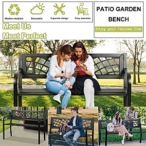 45.5in Outdoor Patio Garden Bench Mesh Pattern Loveseat,Cast Iron Heavy Duty Front Porch Chair w/Steel Frame- Easy Assembly Rust Free for Park Yard Backyard Lawn Pool Decor Deck Furniture- Black