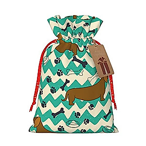 Drawstrings Christmas Gift Bags Cartoon-Dachshunds-Bones-Paw Presents Wrapping Bags Xmas Gift Wrapping Sacks Pouches Medium