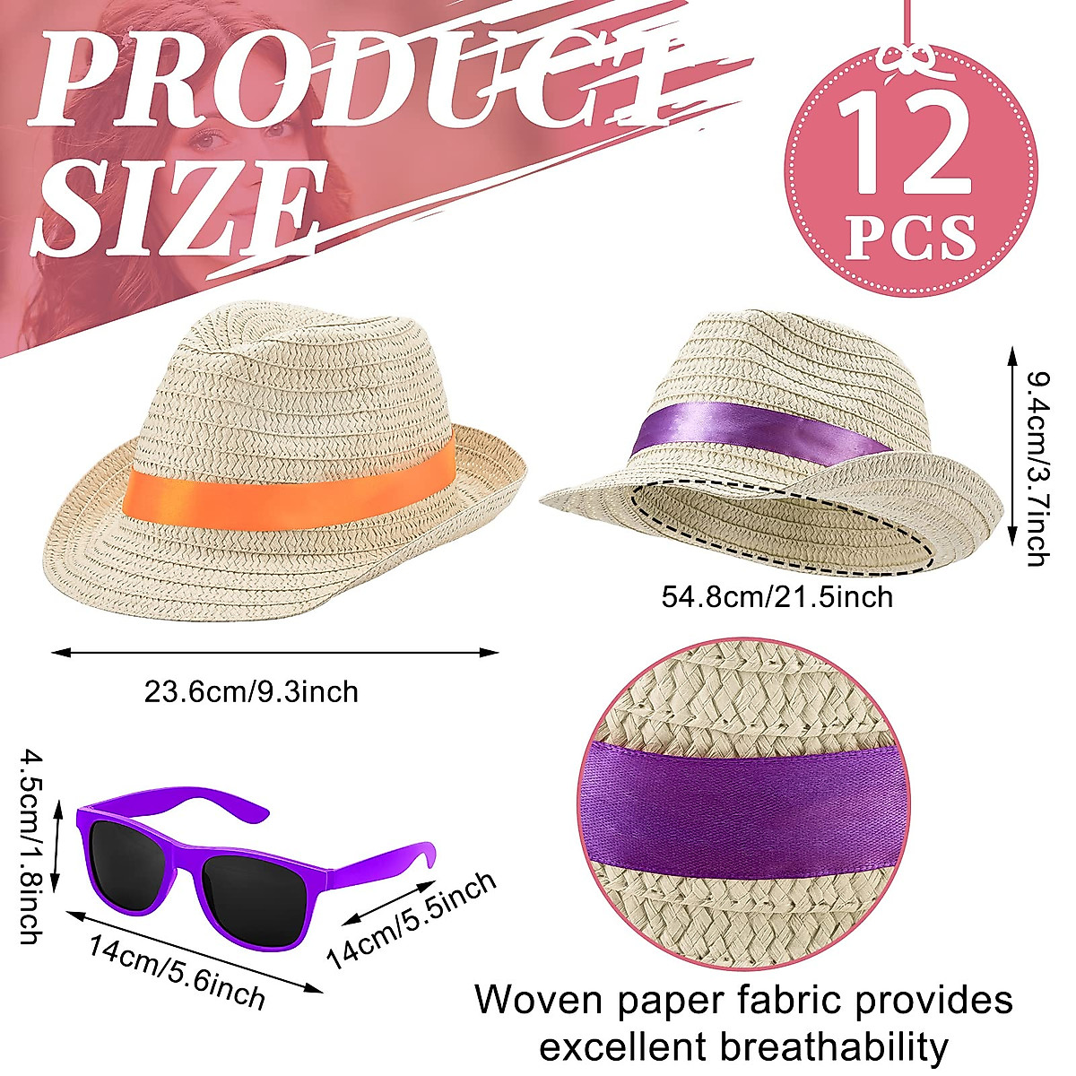 Newcotte 24 Pcs Party Hats, Straw Hats, Fedoraa Hat Bulk, Havana Cubans Party Hats with Sunglass Hawaiian, Birthday Party Supplies