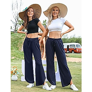 UEU Women's Yoga Pants Wide Leg Pants Adjustable High Waisted Loose Fit Comfy Palazzo Pants Navy Medium