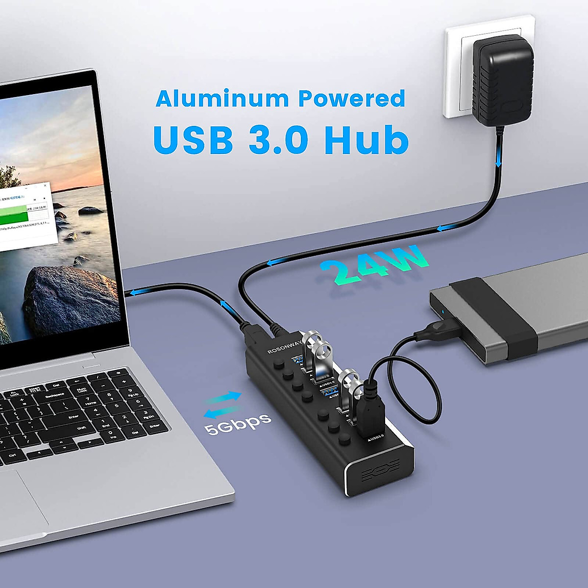 USB Hub 3.0 Powered Rosonway Aluminum 7 Ports USB 3.0 Data Hub Splitter with 24W (12V/2A) Power Adapter and Individual On/Off Switches USB Port Expander for PC and Laptop (RSH-A37S)