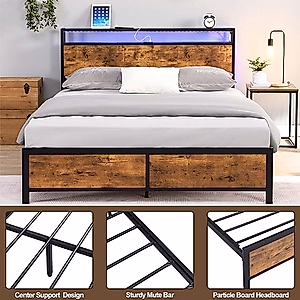 Anwick Industrial Full Bed Frame with LED Light Headboard, Metal Platform Bed with USB Charging Station, Under Bed Storage, No Box Spring Needed (Black, Full)