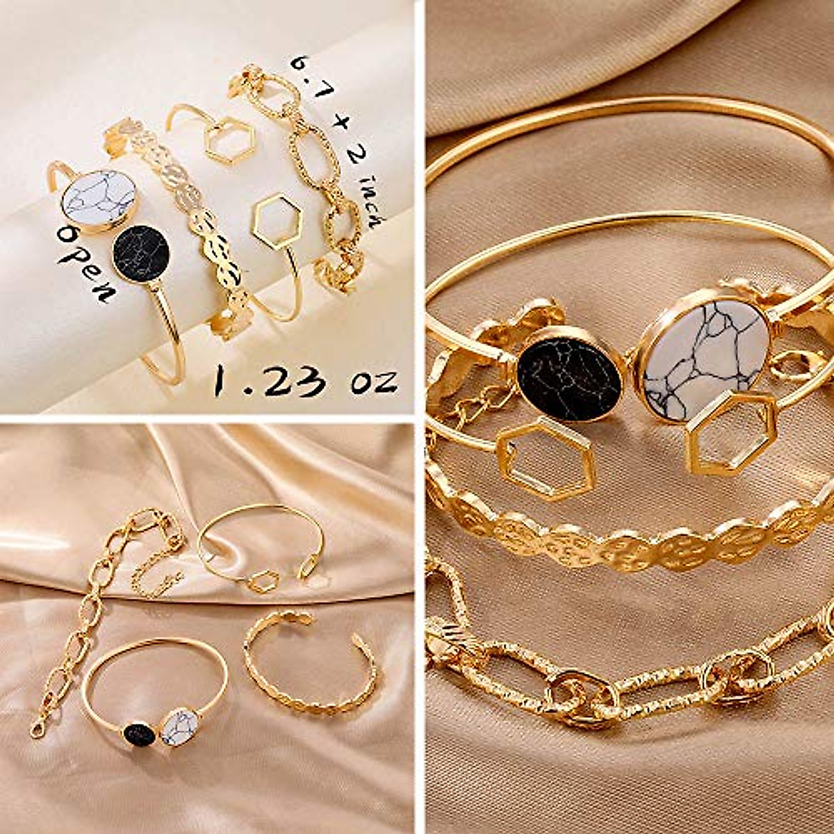 IFKM 6 PACK (24 PCS) Boho Gold Chain Bracelets Set for Women Girls, 14K Gold Plated Multiple Layered Stackable Open Cuff Wrap Bangle Adjustable Link Italian Cuban Jewelry for Women Girls Gift