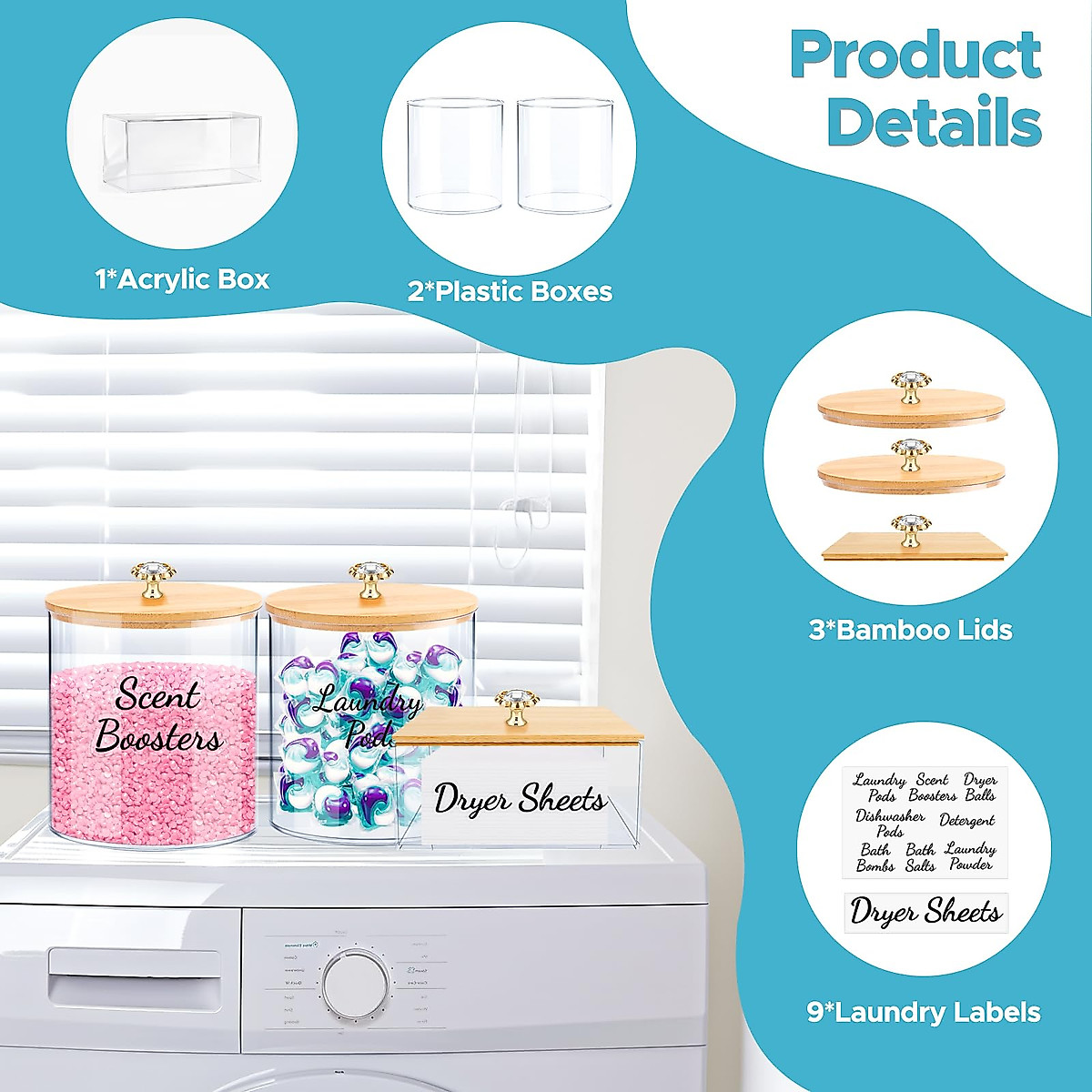 JYPS 3 Pack Containers for Laundry Room Organization and Storage with Lids and Labels, Acrylic Dryer Sheet Holder & Plastic Laundry Pods Container for Laundry Detergent, Powder, Scent Booster