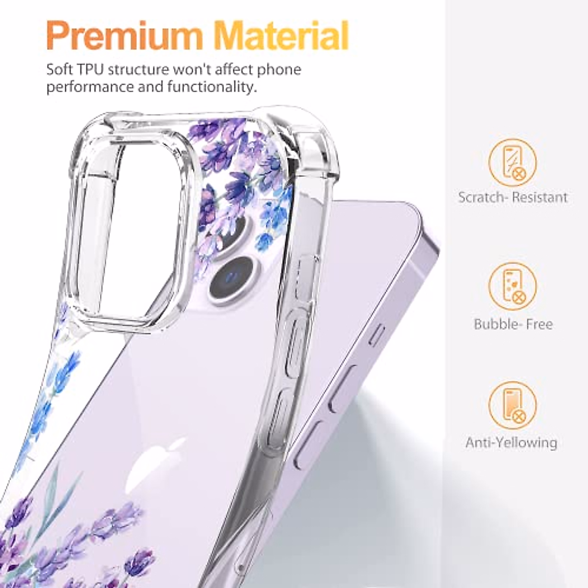 YOYORI iPhone 14 Plus Case with Screen Protector, Flower Pattern Design, Floral Clear Women Phone Case Shockproof Protective Soft TPU Bumper Cover 6.7 Inch 2022 (Lavender/Purple)