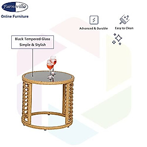 Furnivilla Patio Porch Furniture Sets 3 Pieces PE Rattan Wicker Chairs with Tempered Glass Table for Backyard Garden Porch (Beige/Black)