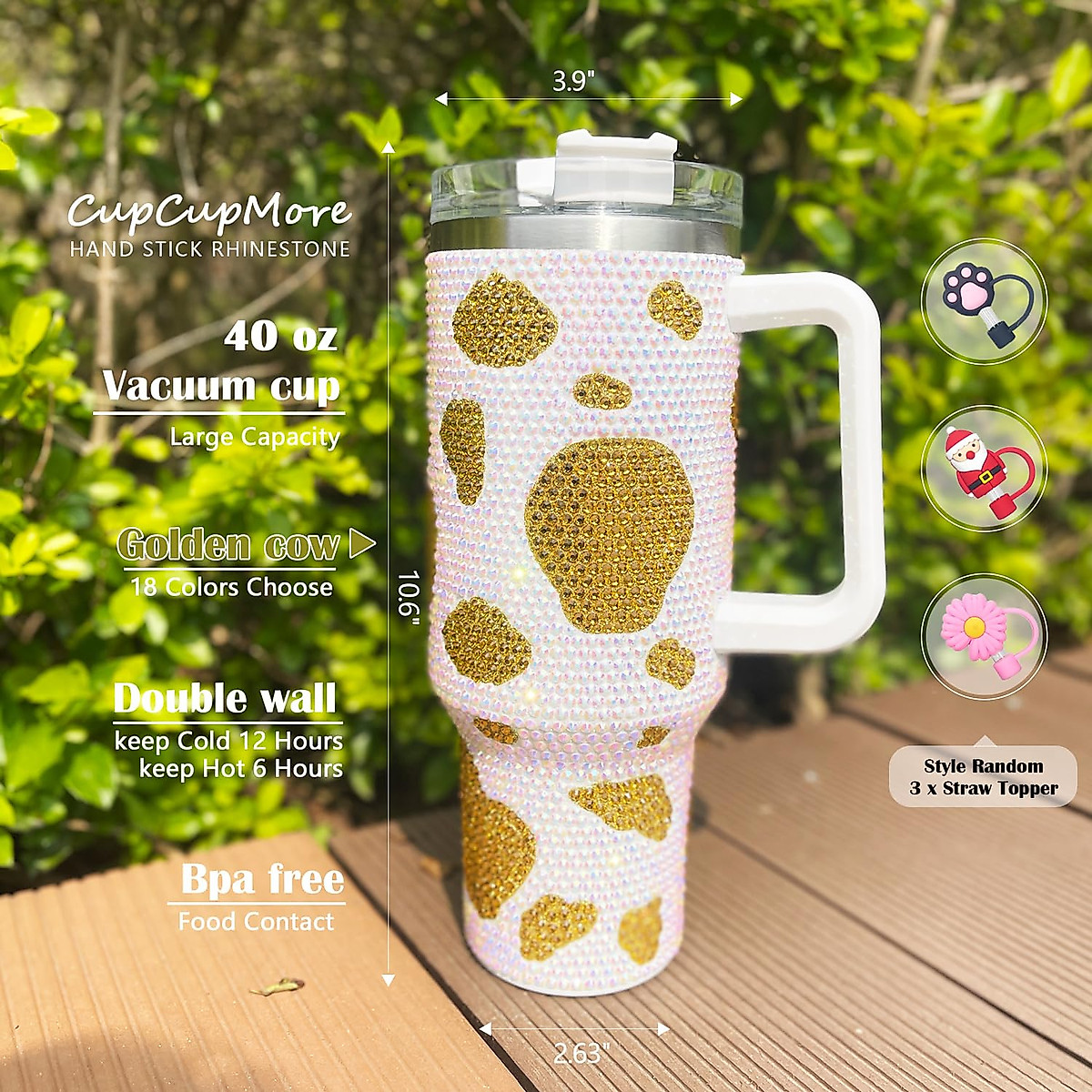 Cupcupmore 40oz Golden Cow Bling Rhinestone Stainless Steel Sippy Tumbler Glitter Vacuum Insulated Water Bottle with Straw & Lid & Handle,Thermos for Hot & Cold Drinks,Car Cup Holder,Coffee